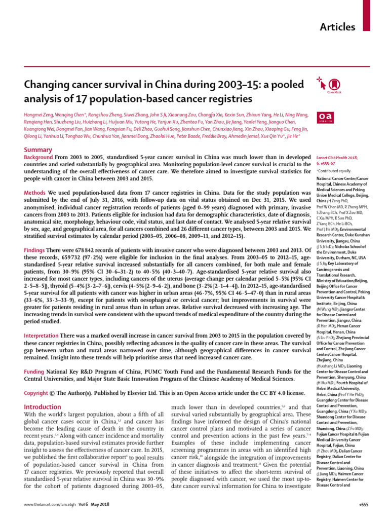 Cancer Survival Trends in China 2003-2015 | PDF | Cancer | Preventive ...