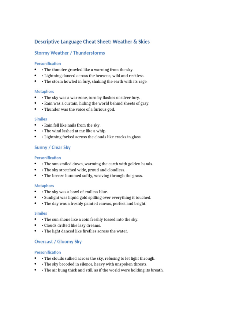 Expanded Descriptive Language Cheat Sheet | PDF | Sky | Meteorological ...