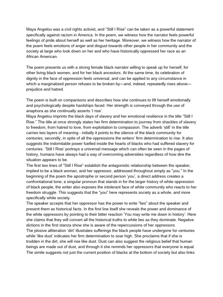 Still I Rise Maya Angelou | PDF | Poetry