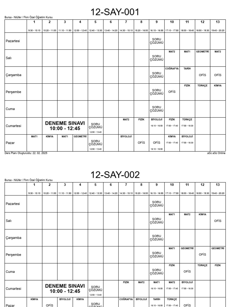 12 Sayisal Siniflar Haftalik Ders Programi | PDF