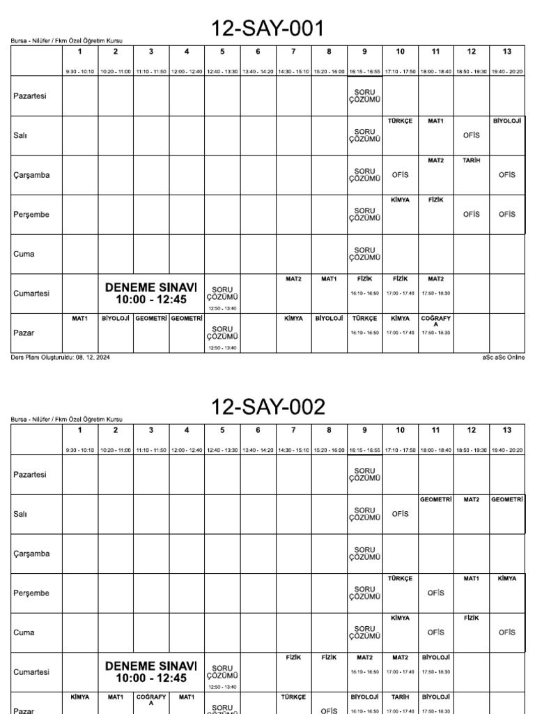 9 Aralik 12 Sayisal Ogrenci Ders Programi | PDF
