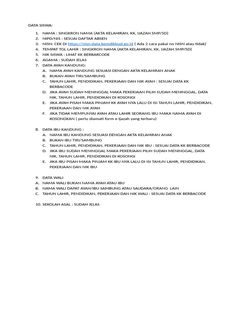 Data Biodata Siswa dan Orang Tua | PDF