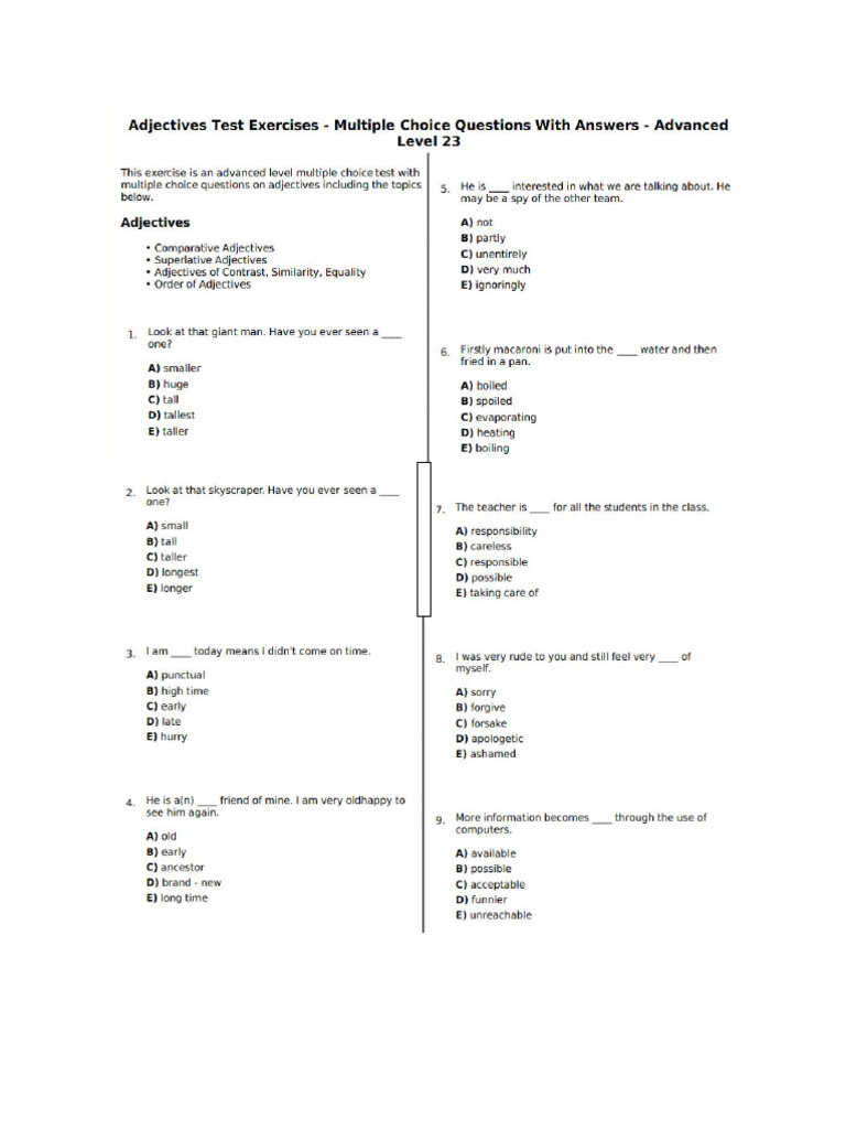 Adjectives MCQ | PDF