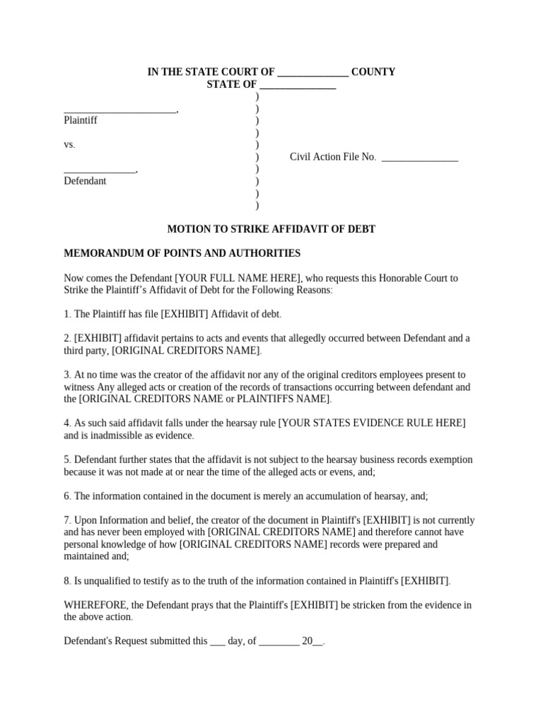 Blank Form For Motion To Strike Affidavit of Debt | PDF | Affidavit ...