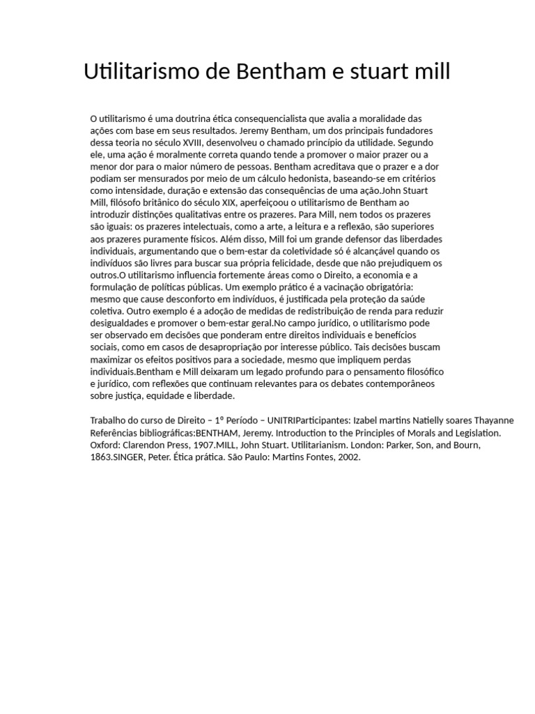 Utilitarismo Bentham Mill UNITRI | PDF