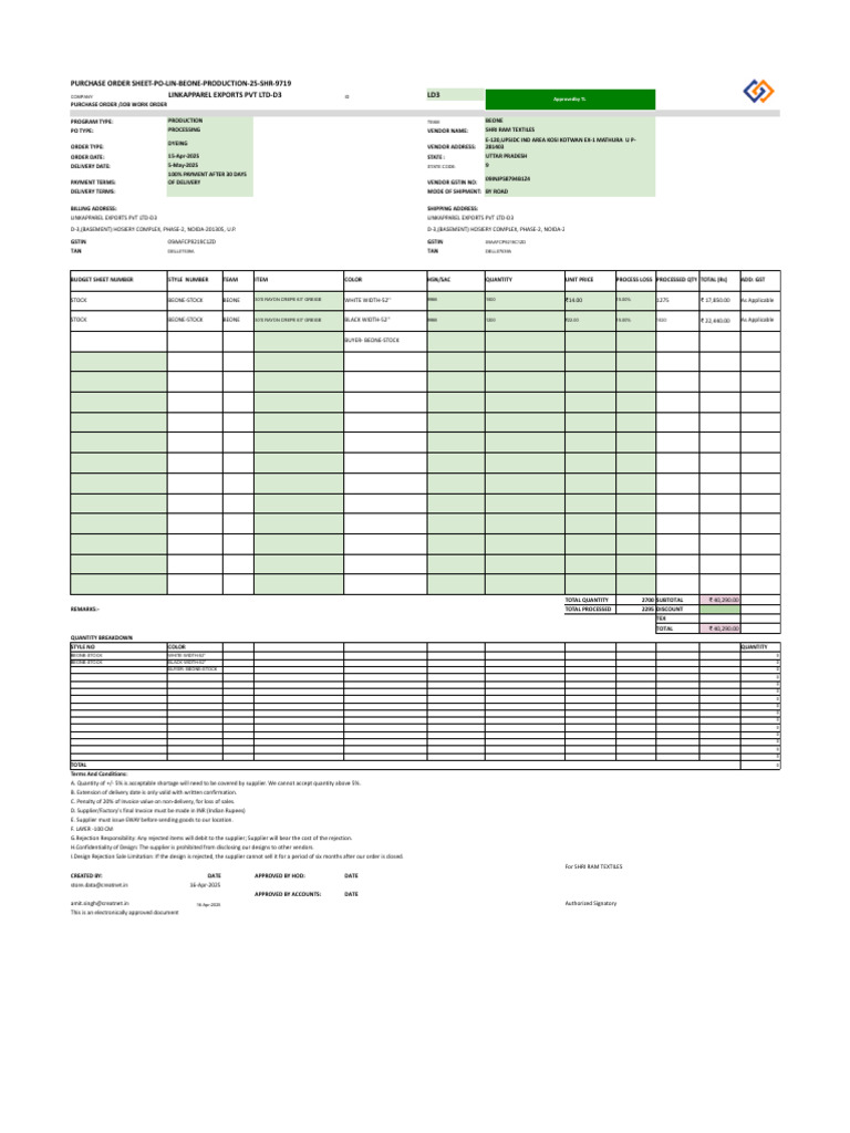 Purchase Order Sheet Po Lin Beone Production 25 SHR 9719 | PDF | Business