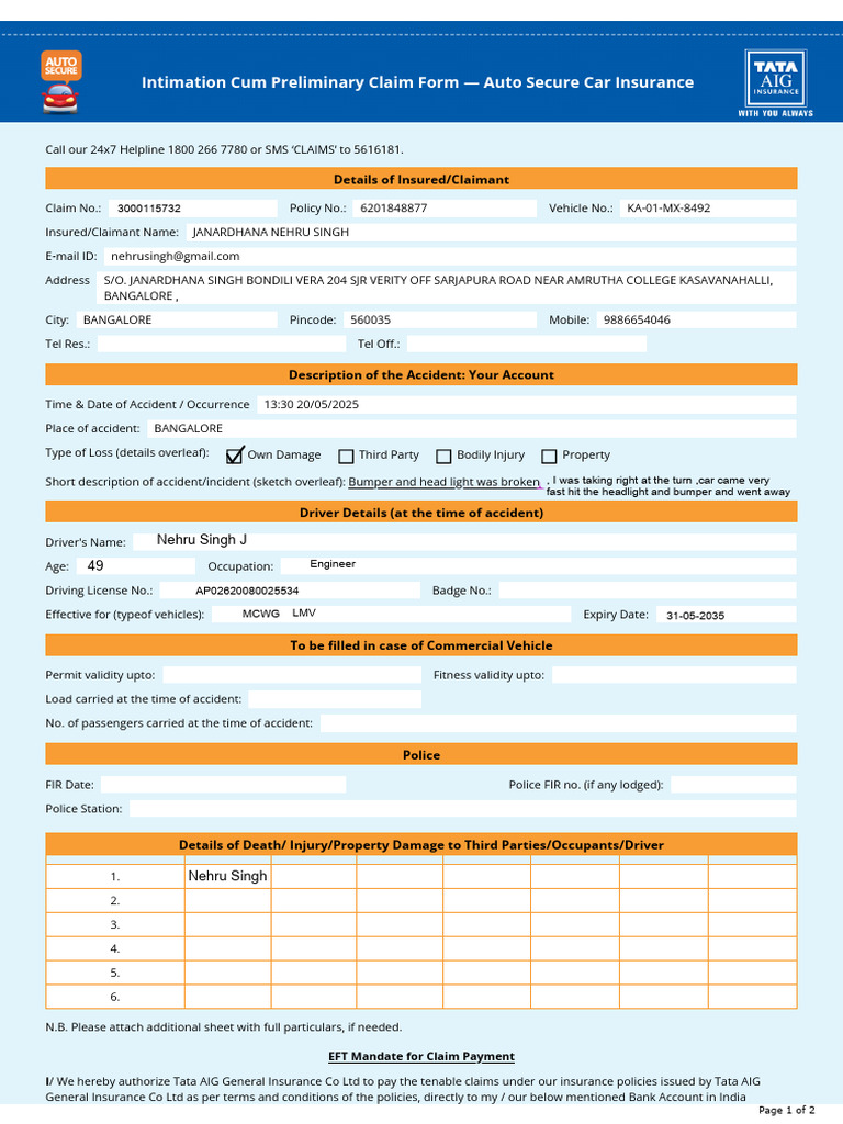 Auto Insurance Claim Intimation Form | PDF | Vehicles