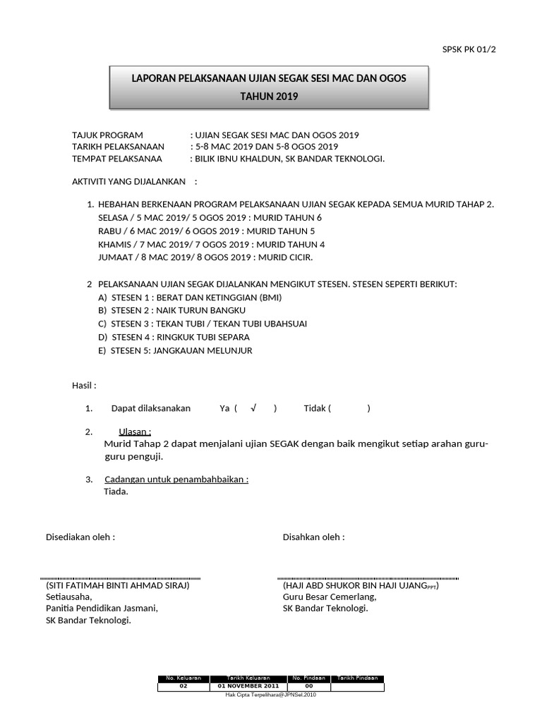 Borang PK 01 2 LAPORAN SEGAK DAN MESYUARAT PJ 2019 | PDF