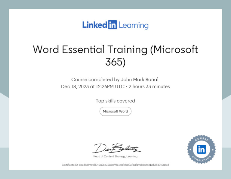 Bañal - CertificateOfCompletion - Word Essential Training Microsoft 365 | PDF