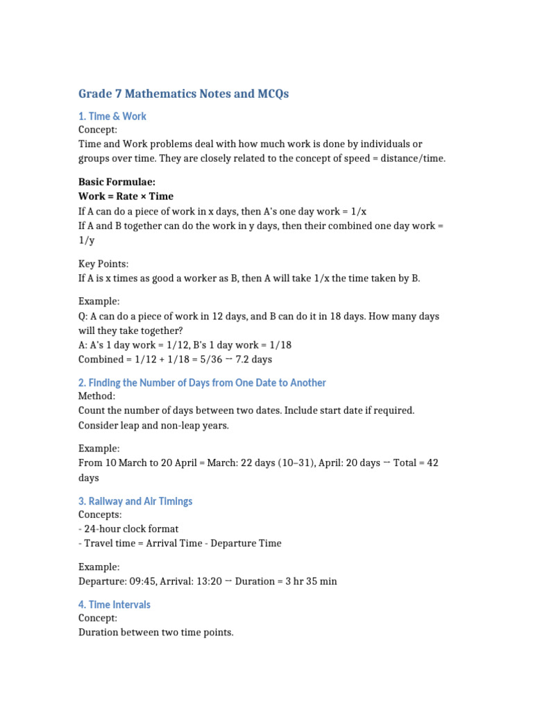 Grade 7 Time Work Notes and MCQs | PDF | Mathematics