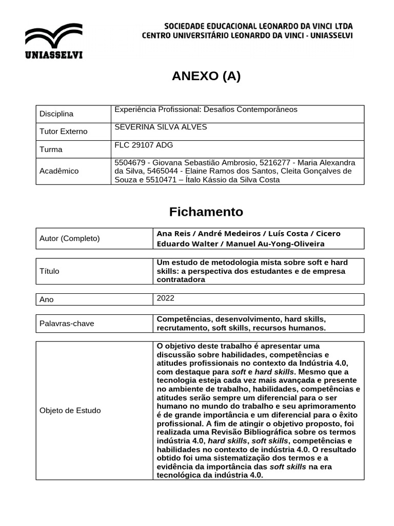 Anexo - A - Fichamento Experiência Profissional: Desafios ...