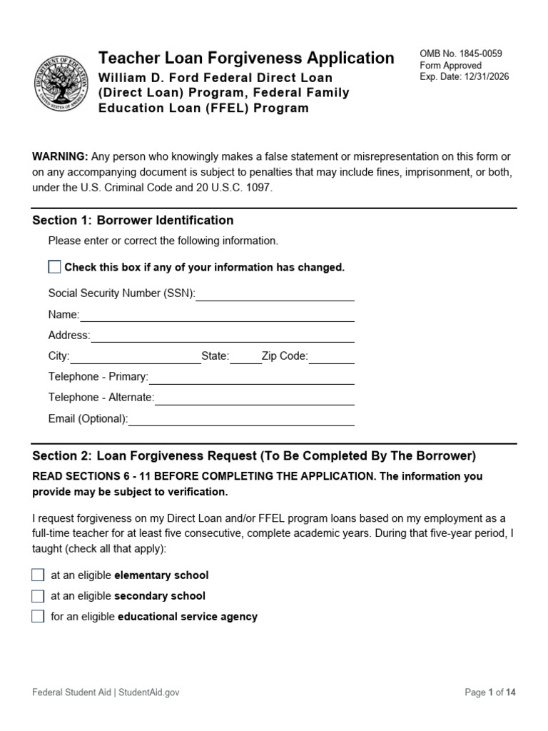 Teacher Loan Forgiveness Application Form | PDF | Teachers | Academic ...