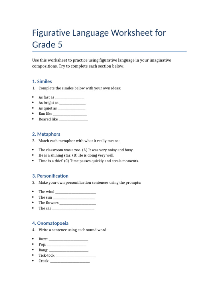 Figurative Language Worksheet Grade5 | PDF
