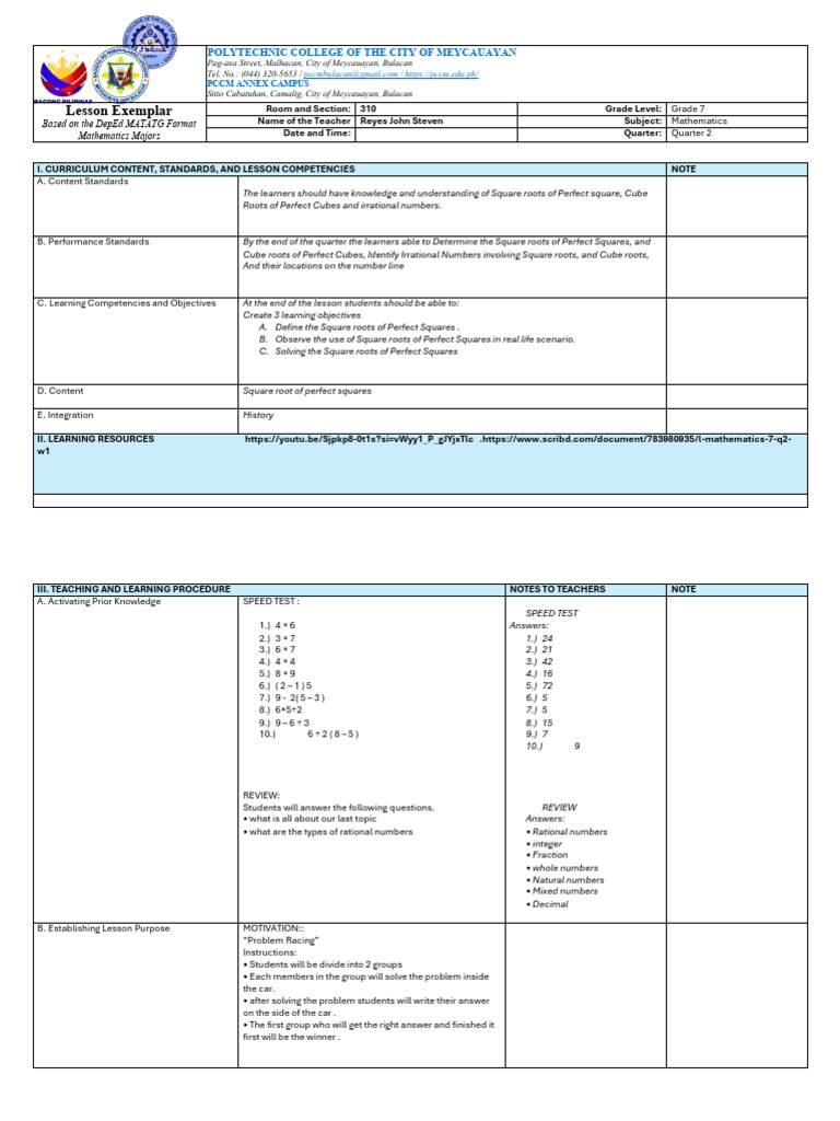LP G7 Square Roots of Perfect Squares | PDF | Numbers | Learning