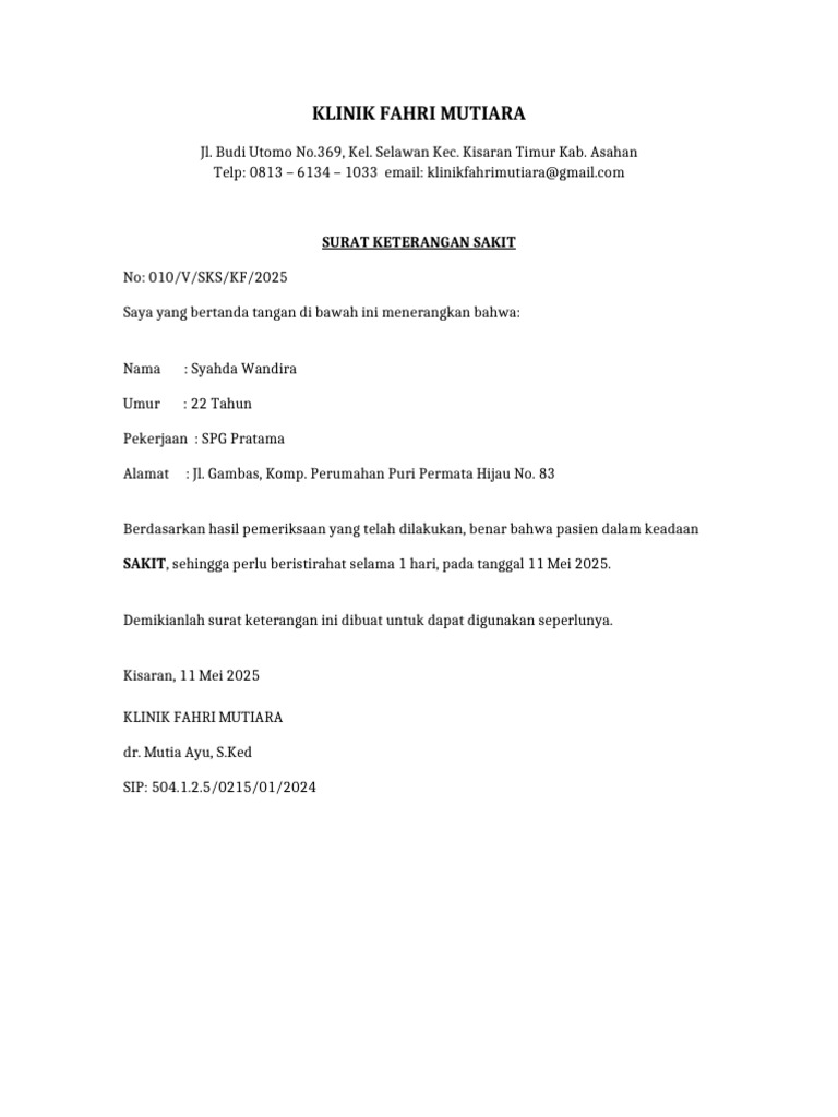 Surat Keterangan Sakit Klinik Fahri Mutiara | PDF