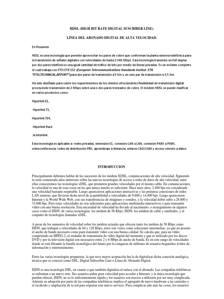 HDSL | PDF | Línea de abonado digital | Módem