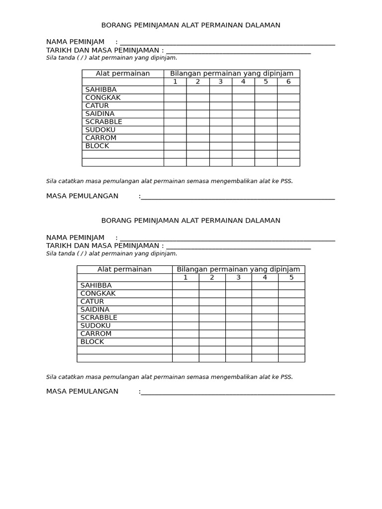Borang Peminjaman Alat Permainan | PDF