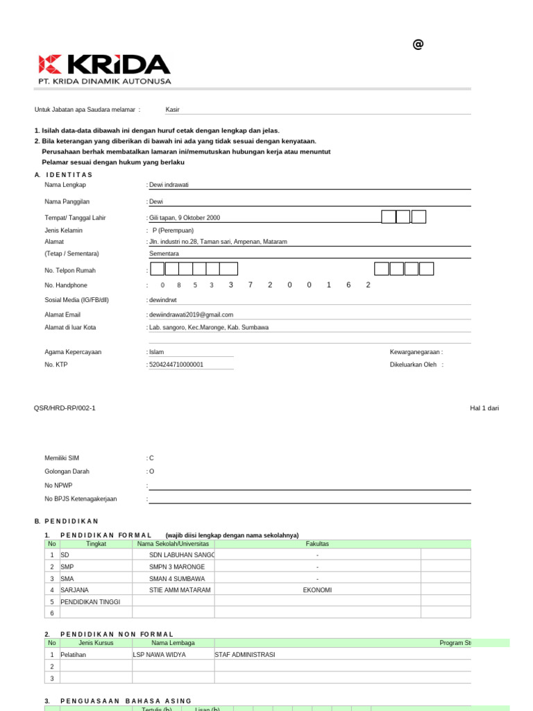 Form Lamaran Kerja | PDF