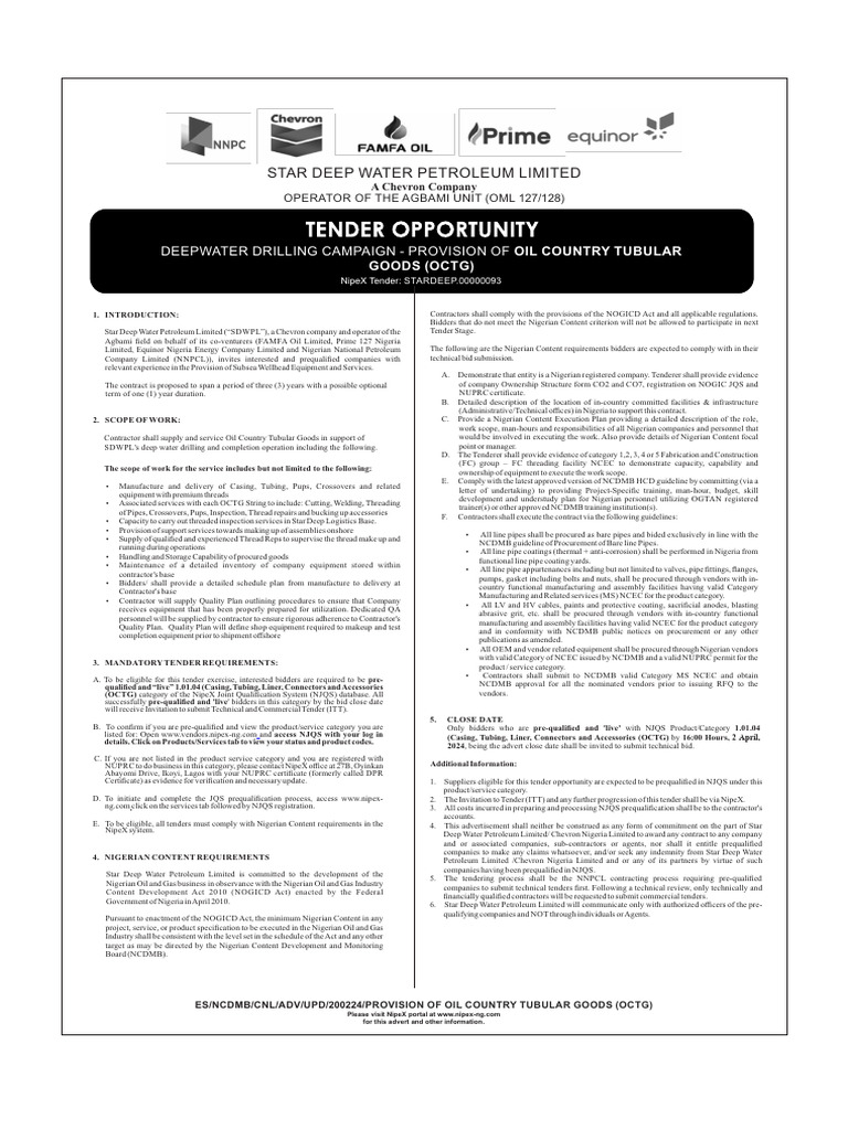 Chevron Deepwater Drilling Campaign Provision of Oil Country Tubular ...