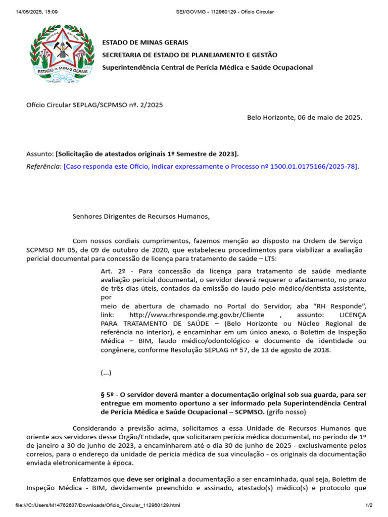 Ofício Circular SEPLAG-SCPMSO Nº. 2 - 2025 - Perícia Médica Documental | PDF | Gestão de ...