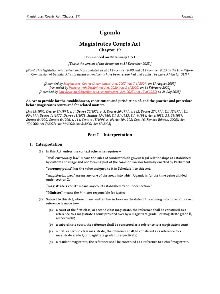 Uganda Magistrates Courts Act Overview | PDF | Bail | Magistrate