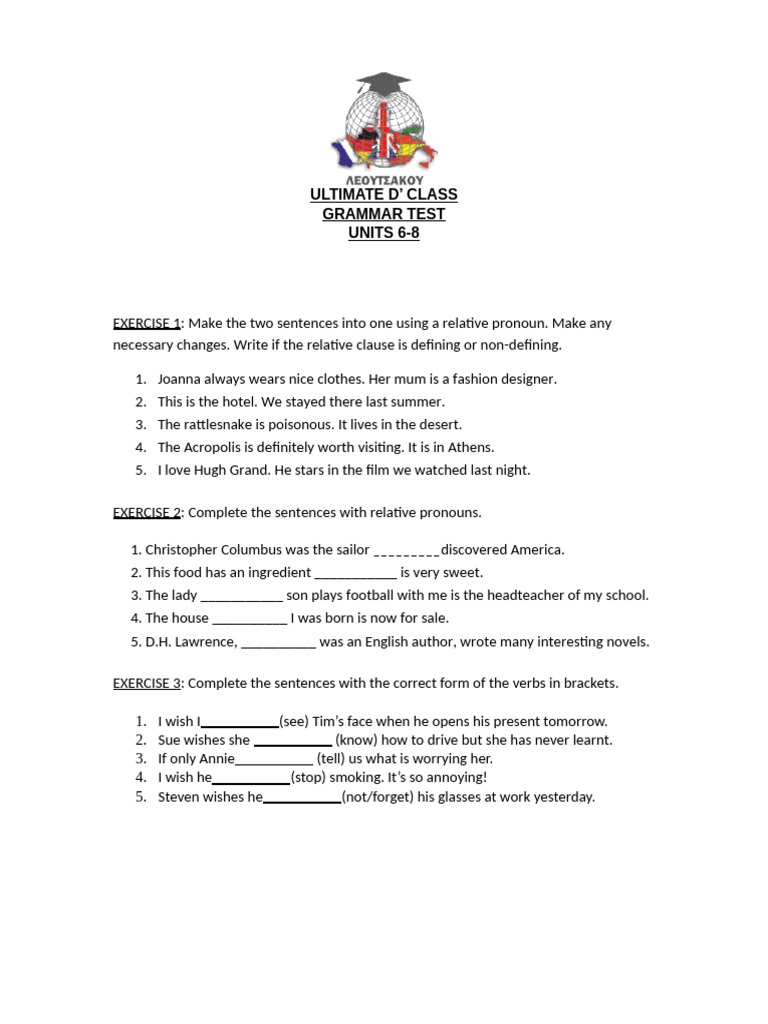 Grammar Test for Units 6-8 | PDF | Sentence (Linguistics) | Linguistic ...