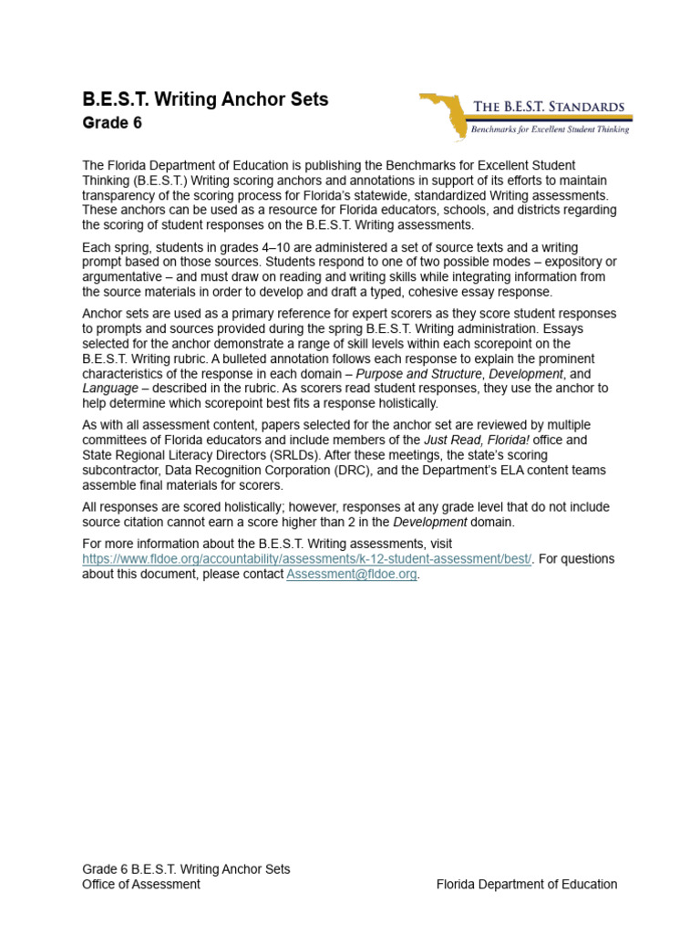 Grade 6 B.E.S.T. Writing Anchors | PDF | Essays | Argument