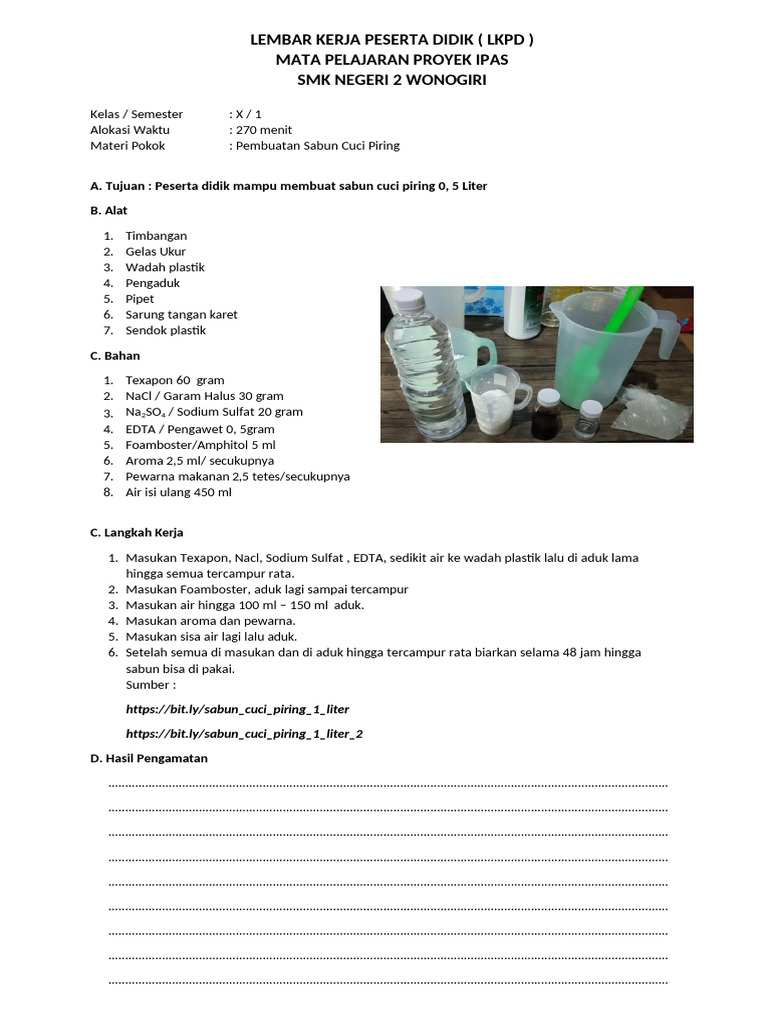 Lkpd Pembuatan Sabun Cuci Piring | PDF