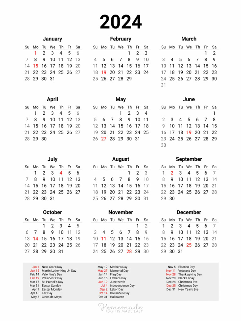 Year Calendar With Holidays 2024 | PDF