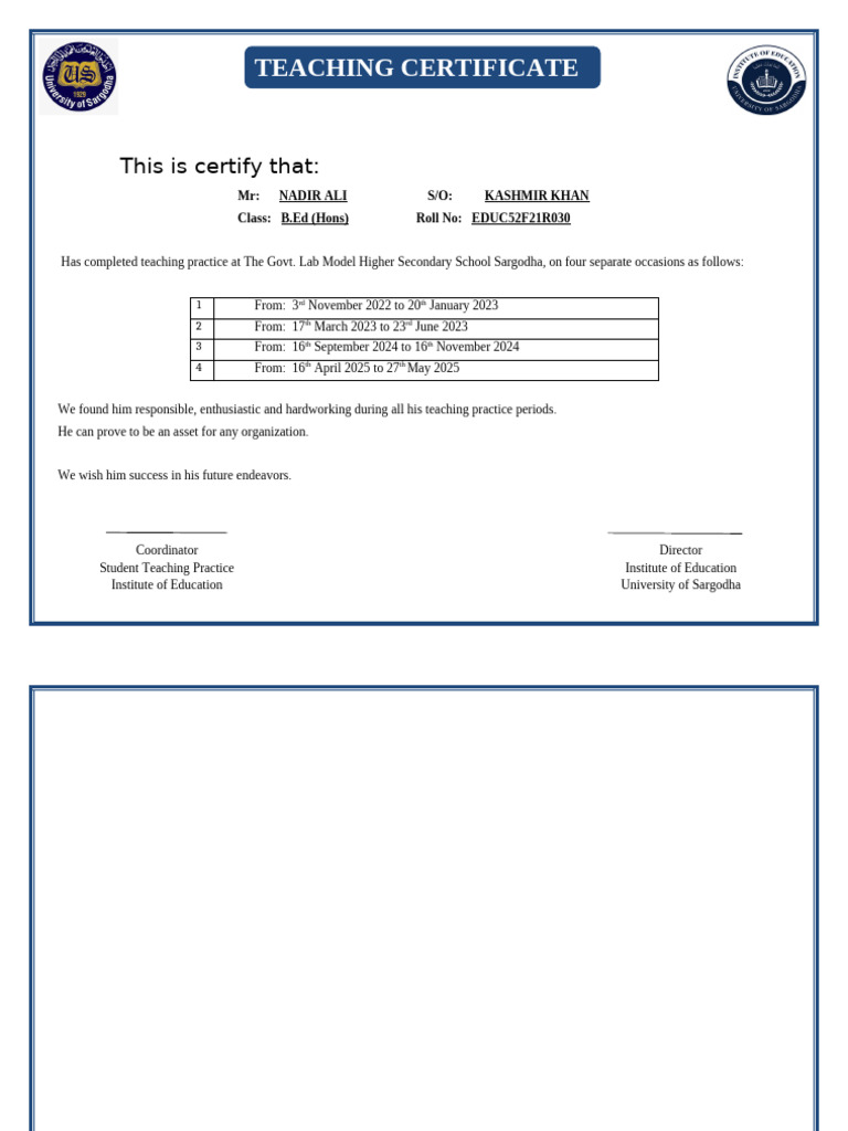 Teaching Certificate For All Finall | PDF