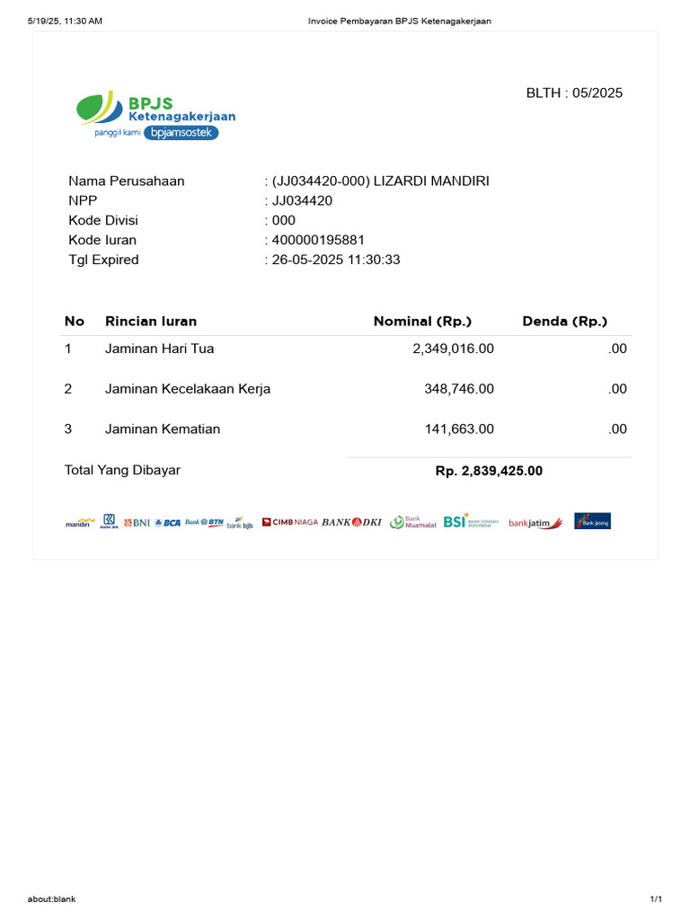 Invoice Pembayaran Iuran Mei 2025 Lizardi Mandiri | PDF