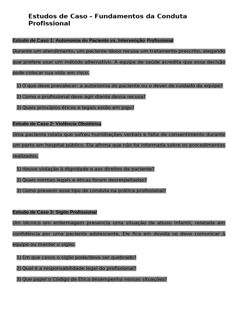 Estudos de Casos - Conduta de Ética Profissional | PDF | Hospital ...