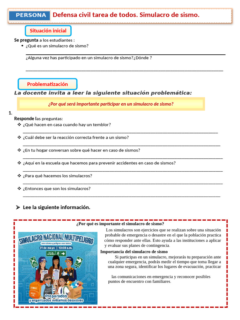 D5 A3 FICHA PS. Defensa Civil Tarea de Todos. Simulacro de Sismo. | PDF | Defensa Civil | Simulación