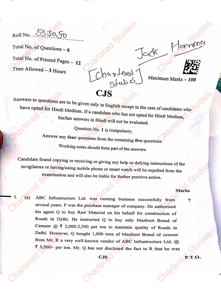 CA Foundation Business Law Question Paper For May 2025 | PDF