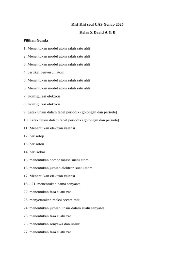 Kisi-Kisi Soal Uas Genap 2025 X | PDF