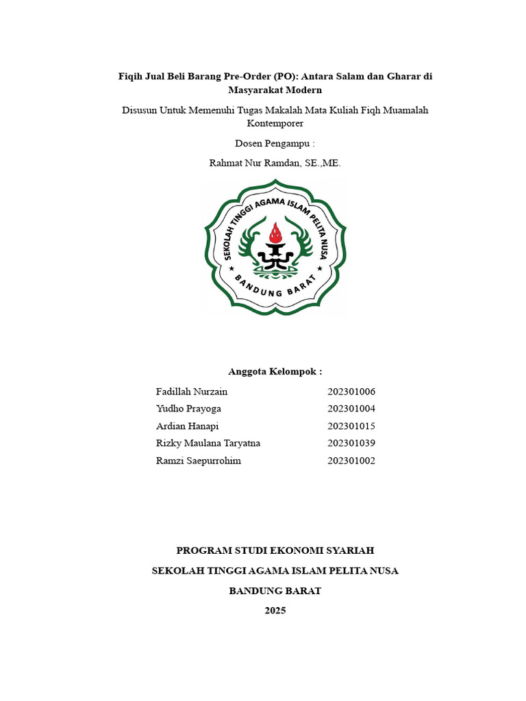 Makalah Mata Kuliah Fiqh Muamallah Kontemporer Kelompok 7 Sistem Pre Order | PDF
