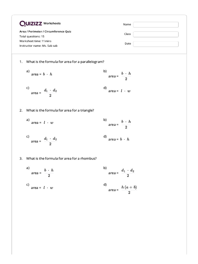 Area - Perimeter - Circumference Quiz - Quizizz | PDF | Area ...