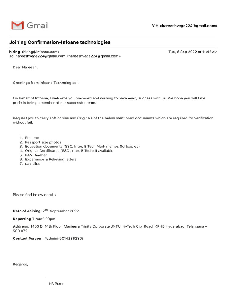 Joining Confirmation-Infoane Technologies | PDF