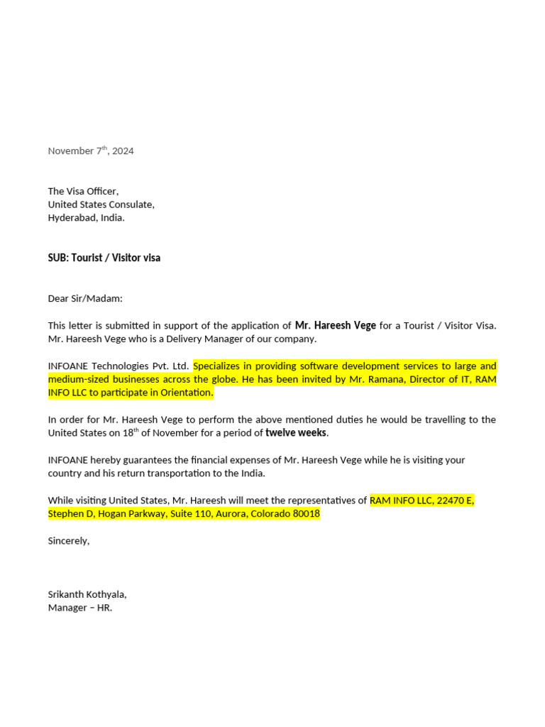 US - Visa - Covering Letter - Hareesh Vege 1 | PDF
