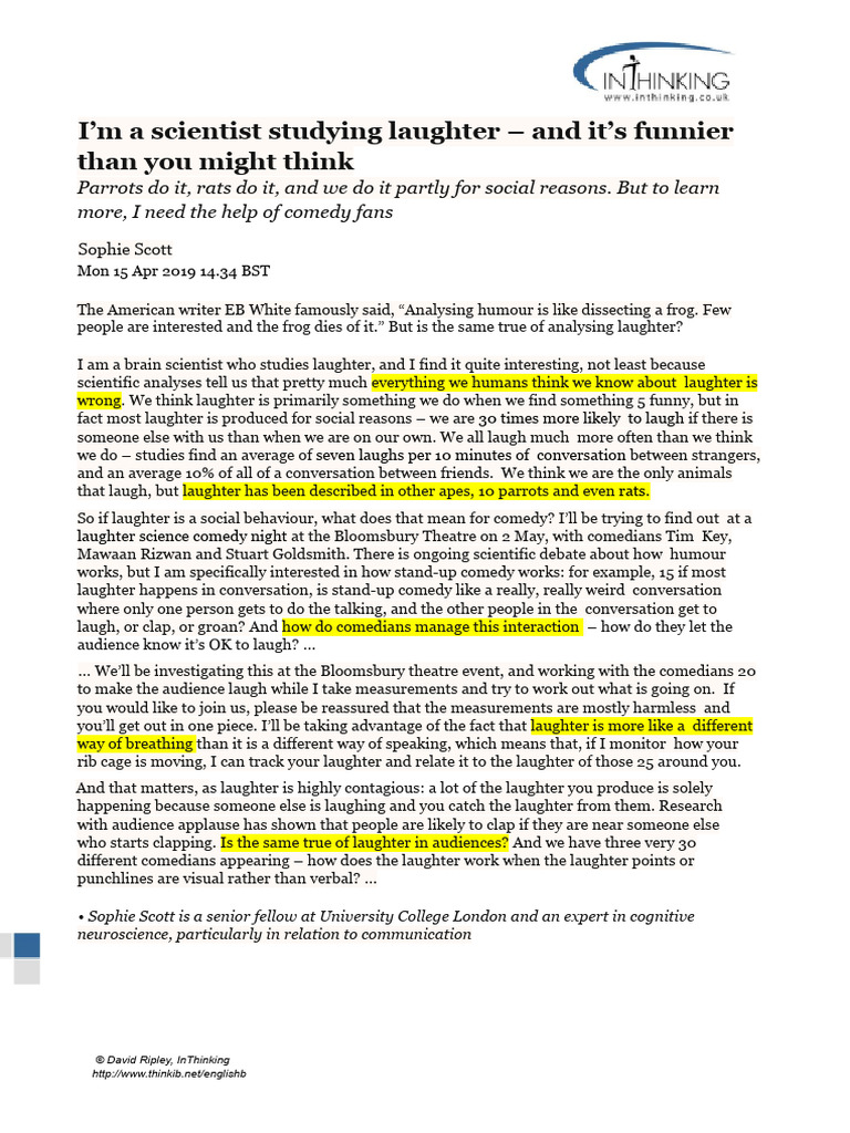 Laughter Article Worksheet | PDF | Laughter | Comedy