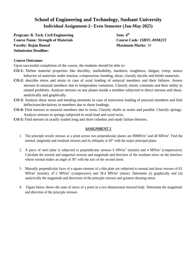 Assignment No 2 SOM Jan 2025 | PDF | Stress (Mechanics) | Ductility
