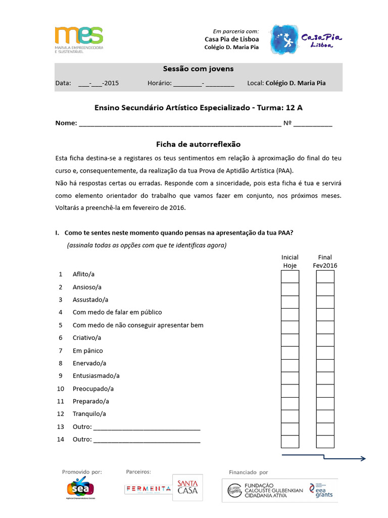 Ficha de Autorreflexão PAA 2015 | PDF