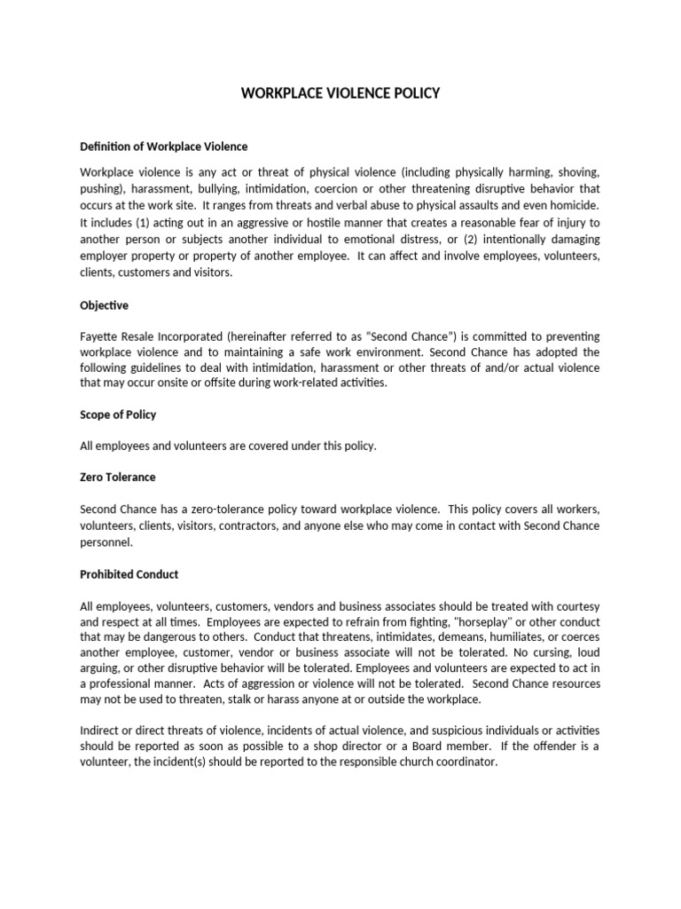 Workplace Violence Policy | PDF | Violence | Harassment