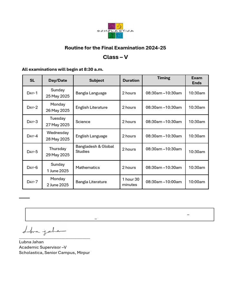 SRM Class V Final Exam Routine 2024-25 | PDF