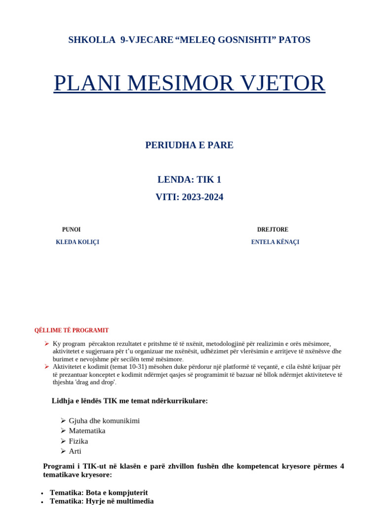 Plani Mesimore Tik 1 | PDF