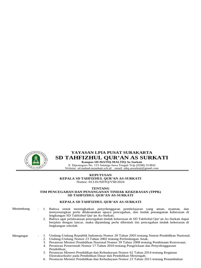 Pembentukan TIM PENCEGAHAN DAN PENANGANAN TINDAK KEKERASAN (TPPK) | PDF