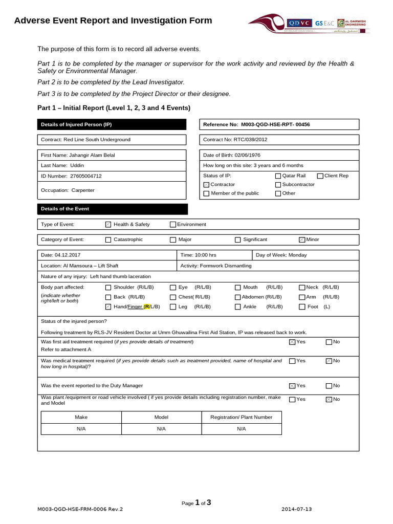 M003-QGD-HSE-RPT-00456 Rev.1 LEFT HAND THUMB LACERATION | PDF ...