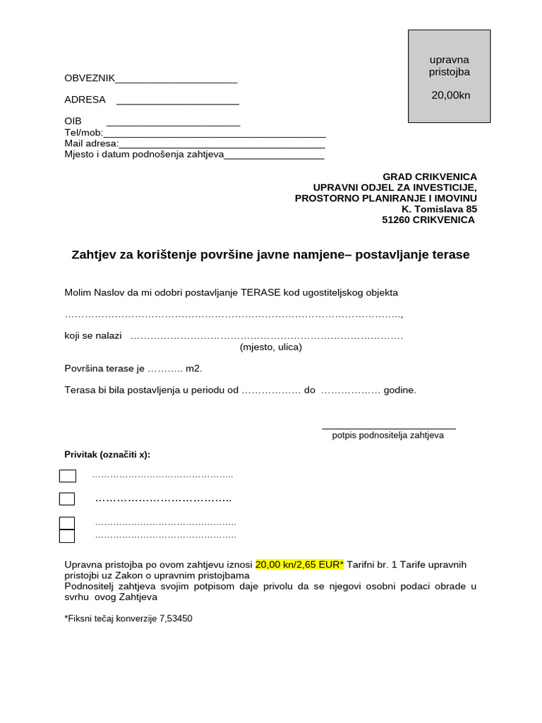 Zahtjev Za Koristenje Povrsine Javne Namjene Postavljanje Terase | PDF