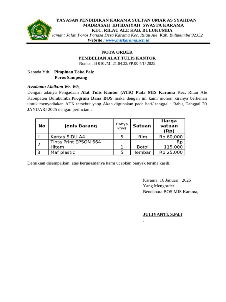 Nota order ATK | PDF