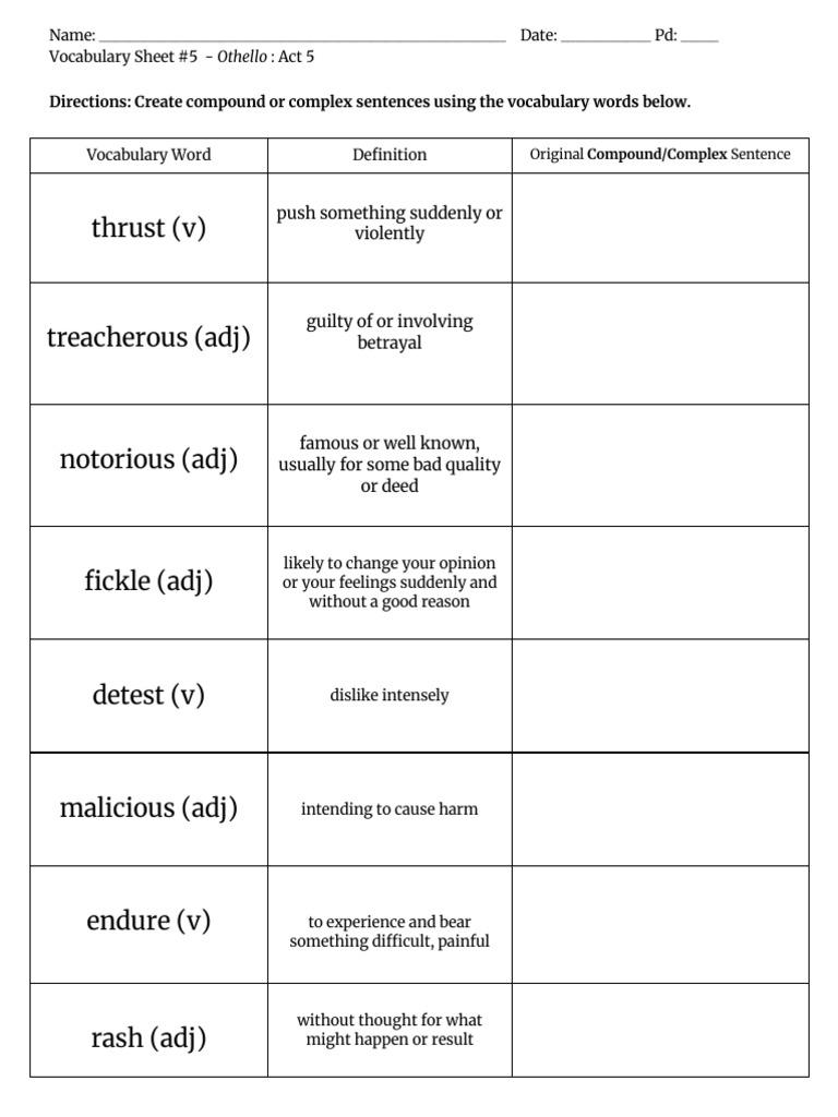 Othello Act 5 Vocabulary Practice | PDF